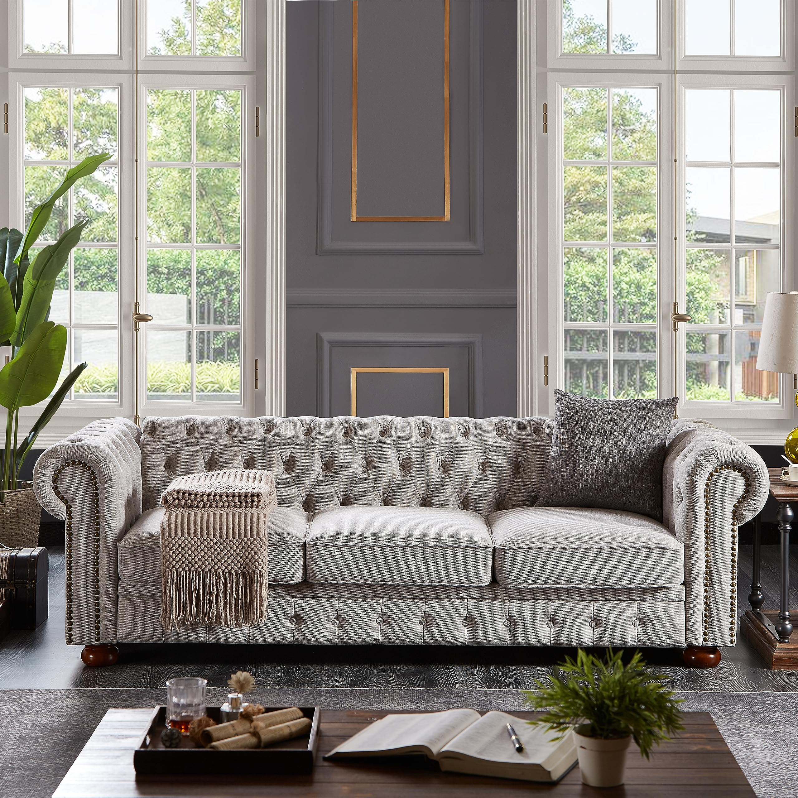 Bellemave Chesterfield Sofa Couch 3-Seater Sofa with Nailhead & Rolled Arms Linen Tufted Couch with Rubber Wood Legs for Living Room, Office (Light Grey)