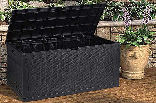 Oakmont 120 Gallon Patio Deck Box, Outdoor Large Resin Wicker Storage Container Garden Furniture for Outdoor Cushions, Throw Pillows, Black