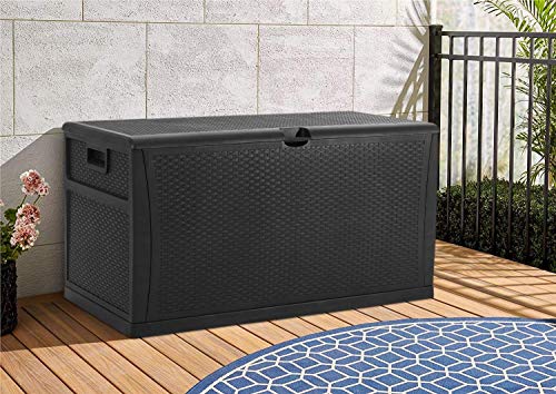 Oakmont 120 Gallon Patio Deck Box, Outdoor Large Resin Wicker Storage Container Garden Furniture for Outdoor Cushions, Throw Pillows, Black