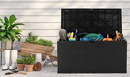 Oakmont 120 Gallon Patio Deck Box, Outdoor Large Resin Wicker Storage Container Garden Furniture for Outdoor Cushions, Throw Pillows, Black