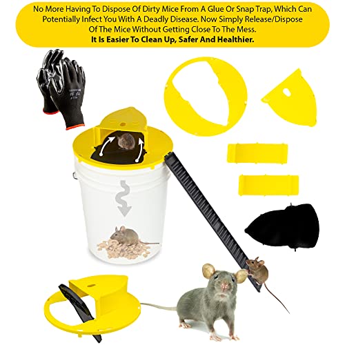 BEHYSH Mouse Trap Bucket Lid Reinforced with Greater Stability and Security - Reusable Smart Mice Trap Multi Catch - Kit Rat Trap Bucket lid Magic Reset Auto Flip and Slide - Double Coated Gloves