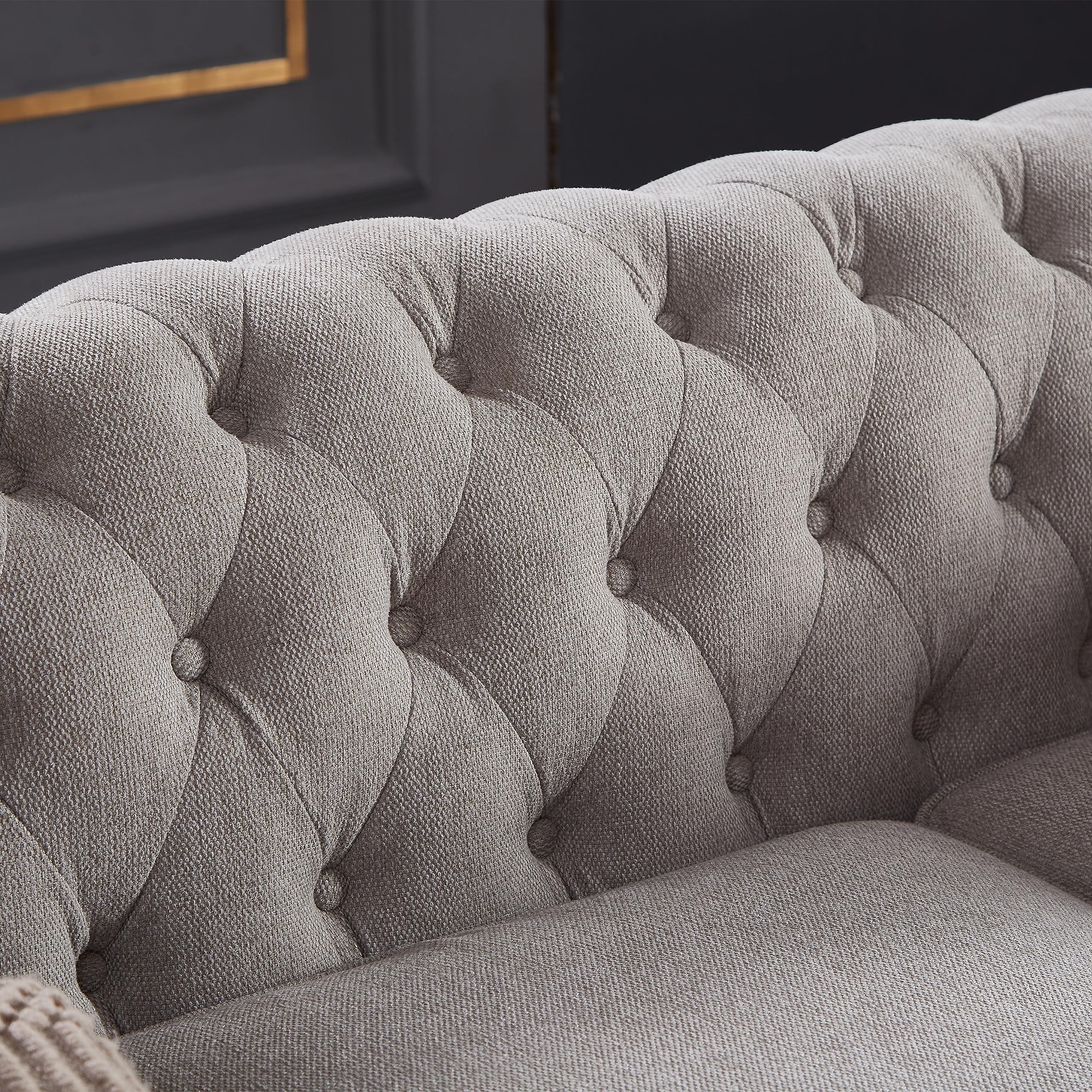 Bellemave Chesterfield Sofa Couch 3-Seater Sofa with Nailhead & Rolled Arms Linen Tufted Couch with Rubber Wood Legs for Living Room, Office (Light Grey)
