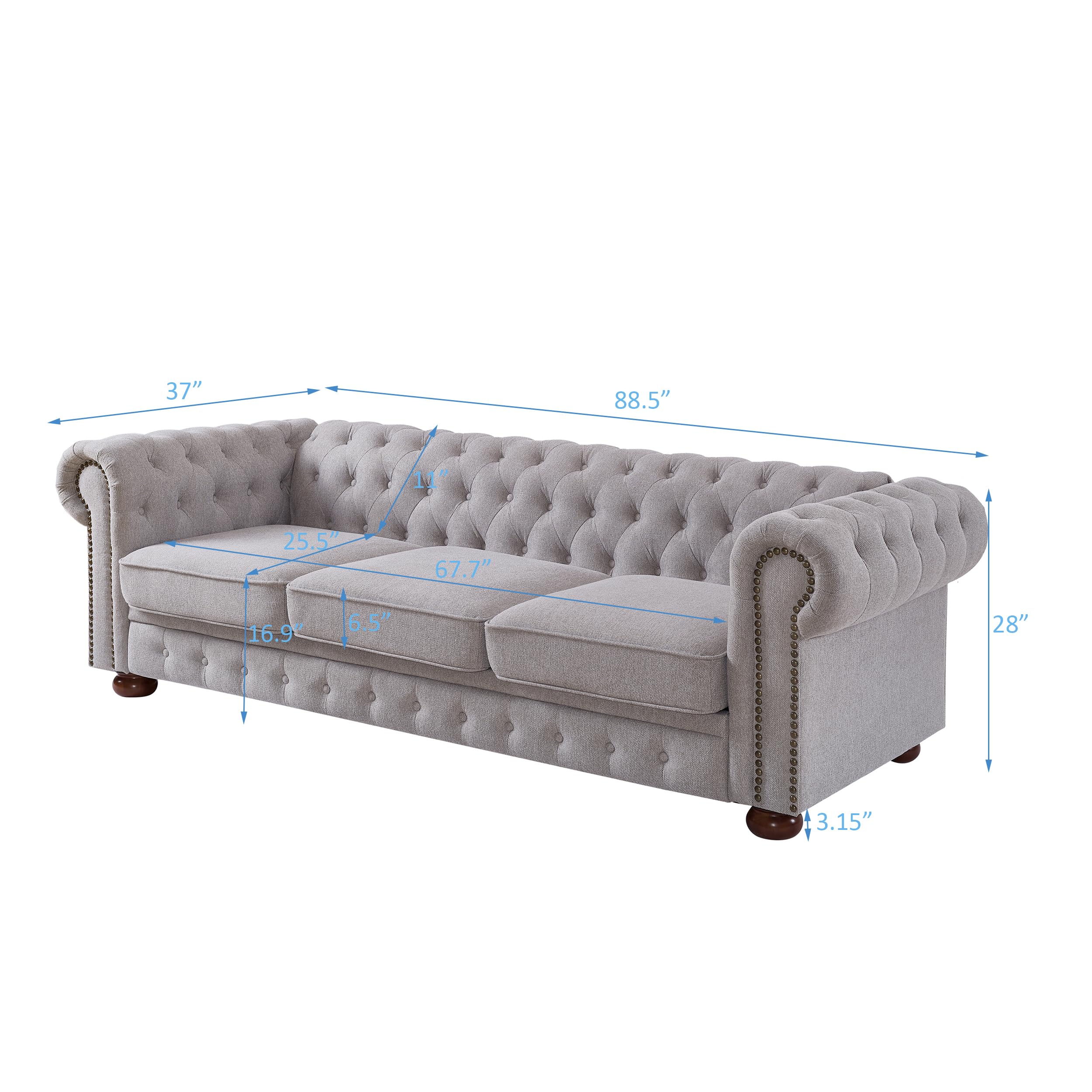 Bellemave Chesterfield Sofa Couch 3-Seater Sofa with Nailhead & Rolled Arms Linen Tufted Couch with Rubber Wood Legs for Living Room, Office (Light Grey)
