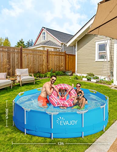 EVAJOY 12ft x 30in Metal Frame Swimming Pool, Outdoor Round Above Ground Pool with Steel Frame, Heavy-Duty PVC, Easy Assembly for Backyard, Garden, Lawn
