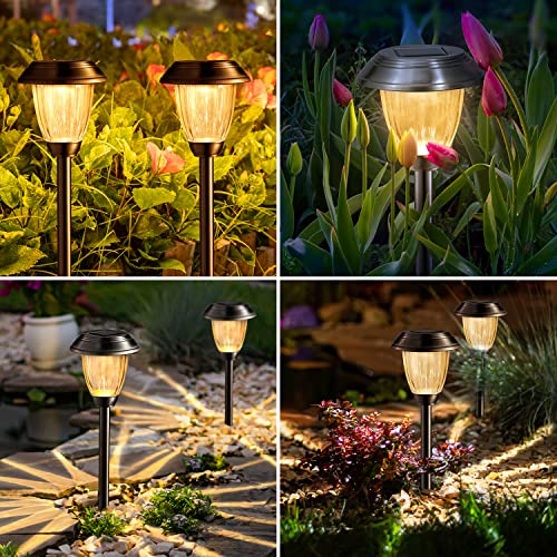 Glass Solar Lights Outdoor Waterproof - 8 Pack Solar Garden Pathway Lights Auto On/Off, Decorative Stainless Steel Landscape Lighting for Patio Lawn Yard Walkway Driveway Decoration