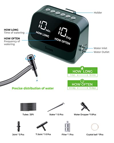 Tecnovo Automatic Watering System for Potted Plants, DIY Drip Irrigation Kit with Smart Timer, Waterproof LED Display & Large Capacity Battery, Precise Distribution of Water