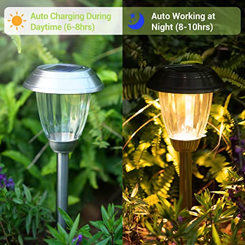 Glass Solar Lights Outdoor Waterproof - 8 Pack Solar Garden Pathway Lights Auto On/Off, Decorative Stainless Steel Landscape Lighting for Patio Lawn Yard Walkway Driveway Decoration