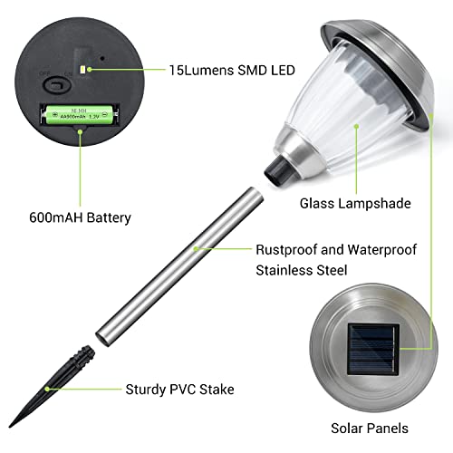 Glass Solar Lights Outdoor Waterproof - 8 Pack Solar Garden Pathway Lights Auto On/Off, Decorative Stainless Steel Landscape Lighting for Patio Lawn Yard Walkway Driveway Decoration