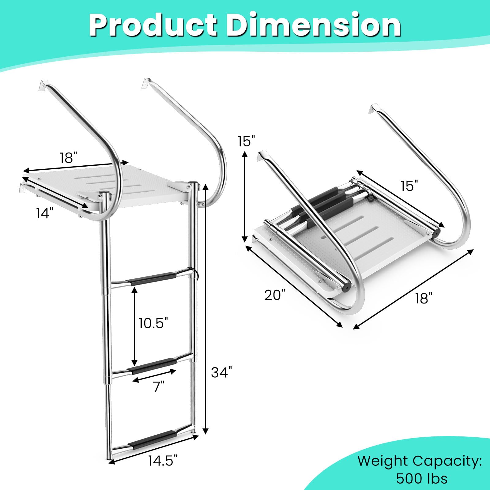 Goplus 3-Step Swim Platform Boat Ladder, Telescoping Folding Dock Ladder w/Handrails, 3 Anti-Slip Footsteps, 500LBS Stainless Steel Boarding Ladder for Pontoons Boats Yachts