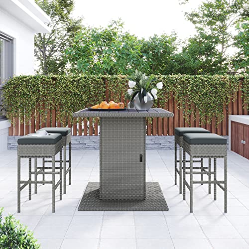 LCH Patio Bar Counter Height Bistro, Outdoor 5-Piece PE Rattan Dining Set, All-Weather Wicker Square Kitchen Table with Storage Shelf and 4 Padded Stools, Grey