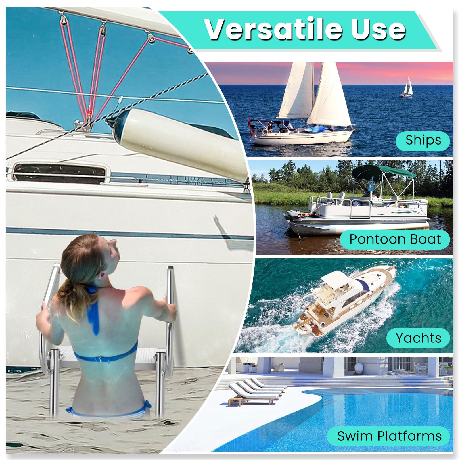 Goplus 3-Step Swim Platform Boat Ladder, Telescoping Folding Dock Ladder w/Handrails, 3 Anti-Slip Footsteps, 500LBS Stainless Steel Boarding Ladder for Pontoons Boats Yachts