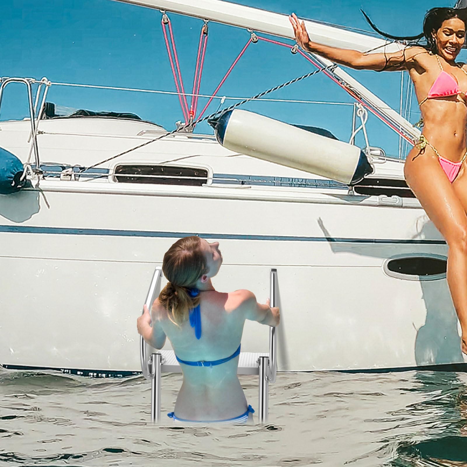 Goplus 3-Step Swim Platform Boat Ladder, Telescoping Folding Dock Ladder w/Handrails, 3 Anti-Slip Footsteps, 500LBS Stainless Steel Boarding Ladder for Pontoons Boats Yachts
