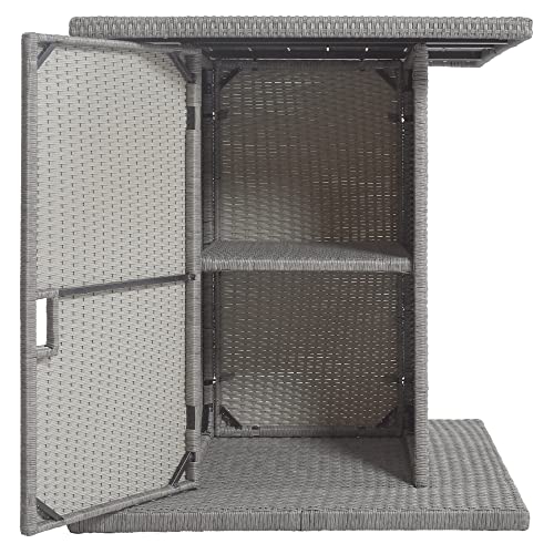 LCH Patio Bar Counter Height Bistro, Outdoor 5-Piece PE Rattan Dining Set, All-Weather Wicker Square Kitchen Table with Storage Shelf and 4 Padded Stools, Grey