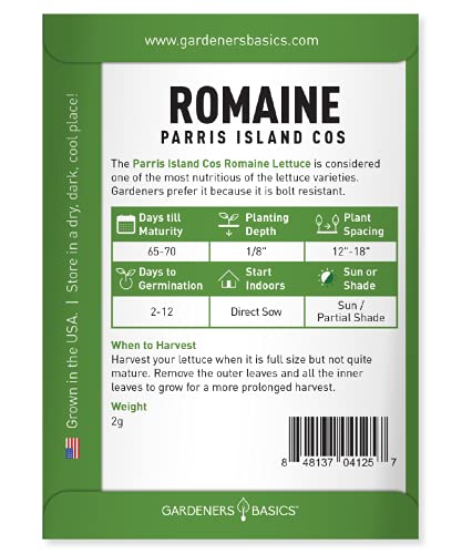 Romaine Lettuce Seeds for Planting - Parris Island Cos Heirloom, Non-GMO Vegetable Variety- 2 Grams Seeds Great for Spring, Summer, Fall, Winter Garden and Hydroponics by Gardeners Basics