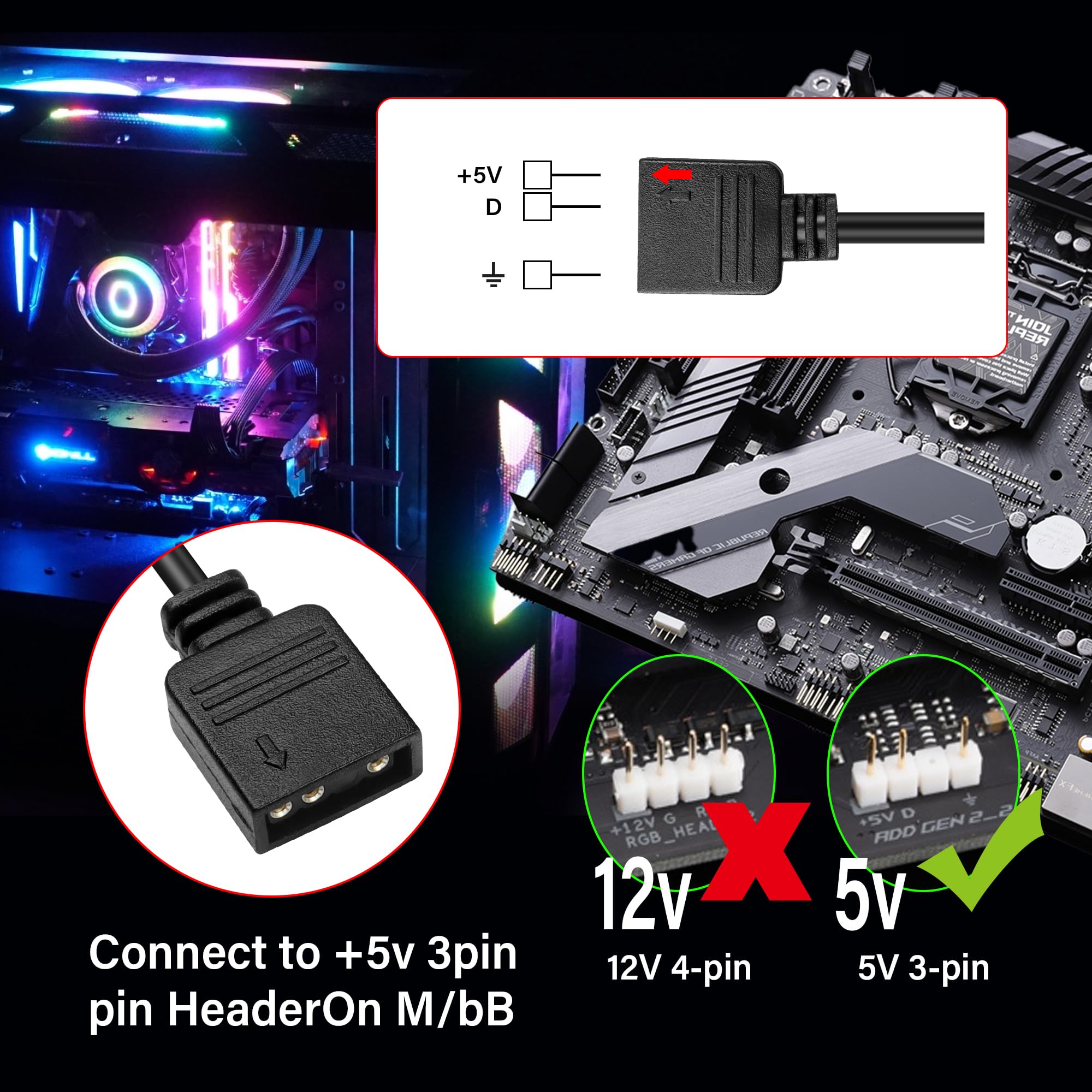 GINTOOYUN RGB Extension Cable, 3-pin to SM 3Pin Female ARGB Connector Adapter Cable,5V 3-Pin Addressable RGB Extension Cable, for RGB Fan,PC LED Strip (0.98FT)
