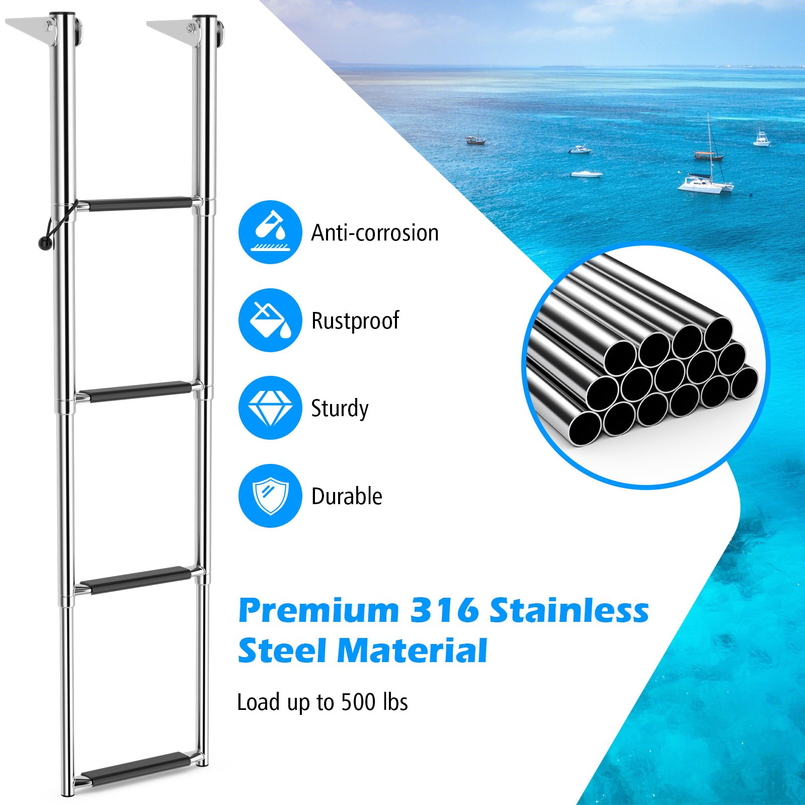 Goplus 4 Step Telescoping Boat Ladder, Folding Stainless Steel Swim Platform Ladder with Non-Slip Steps, Extendable Heavy Duty Dock Ladder for Pontoon Boat Yacht
