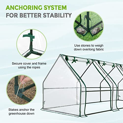 EAGLE PEAK Garden Low Tunnel Portable Greenhouse 96'' x 36'' x 36'' with Large Zipper Doors for Indoor Outdoor Plants Mini Hot House PVC Cover Easy Access Zippered Doors, Transparent