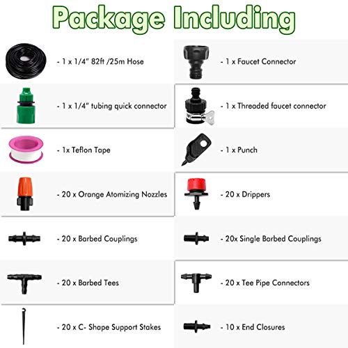 156Pcs Drip Irrigation Kit, Garden Irrigation System, Automatic Garden Watering System with Adjustable Dripper 82ft 1/4" Blank Distribution Drip Irrigation tubing, Garden, Flower Bed, Patio, Lawn