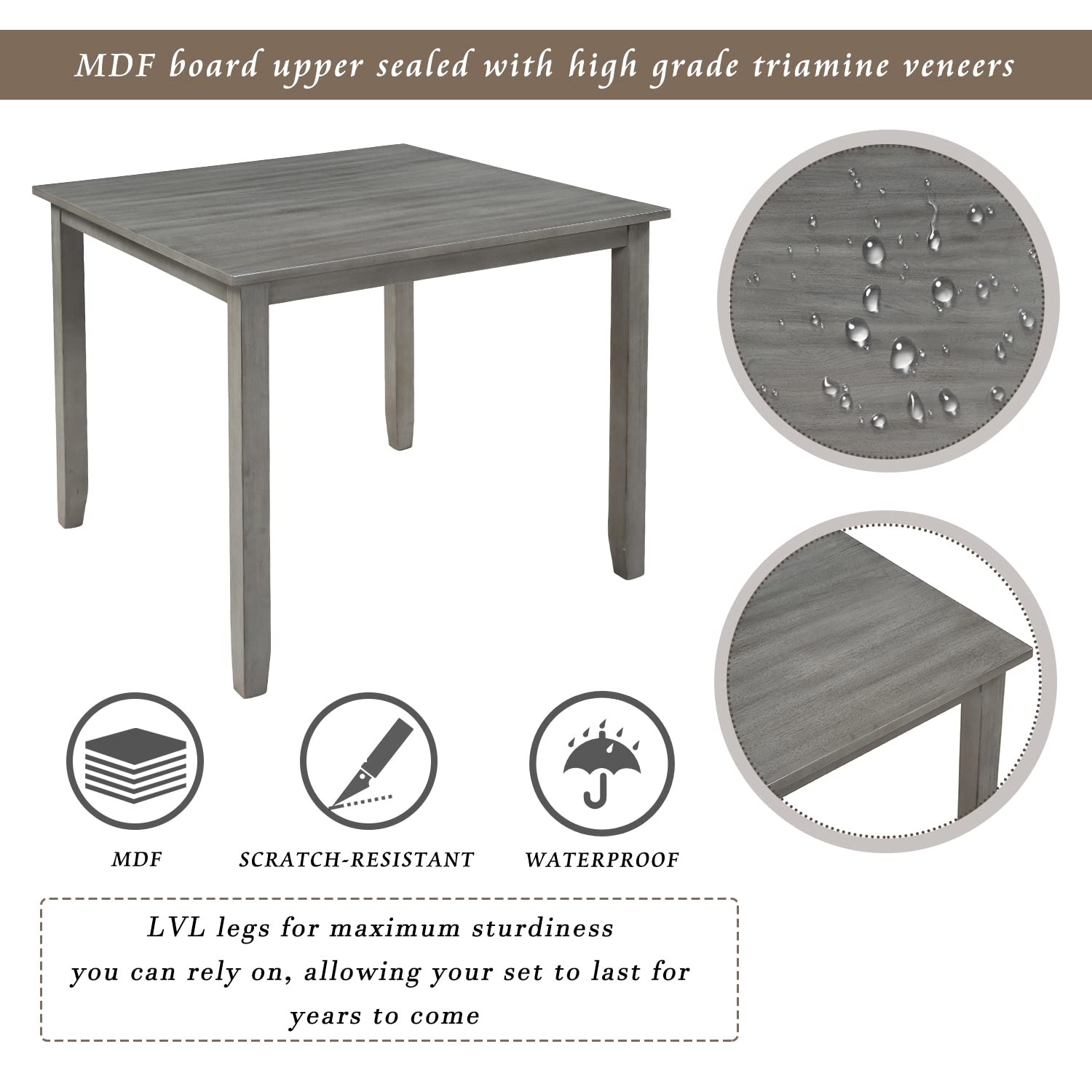 LIADTOP 5 Piece, Industrial Wooden Upholstery, Kitchen 4 Persons, Room Chairs Set (Grey), Round Wood Dining Table, Gray