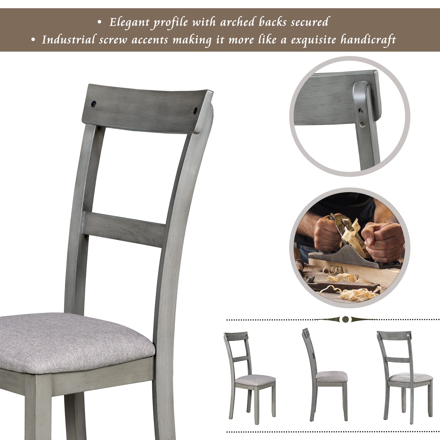 LIADTOP 5 Piece, Industrial Wooden Upholstery, Kitchen 4 Persons, Room Chairs Set (Grey), Round Wood Dining Table, Gray