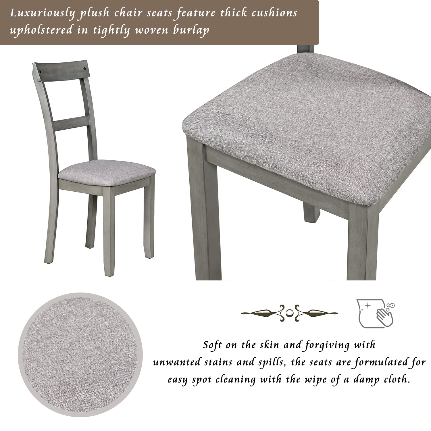 LIADTOP 5 Piece, Industrial Wooden Upholstery, Kitchen 4 Persons, Room Chairs Set (Grey), Round Wood Dining Table, Gray