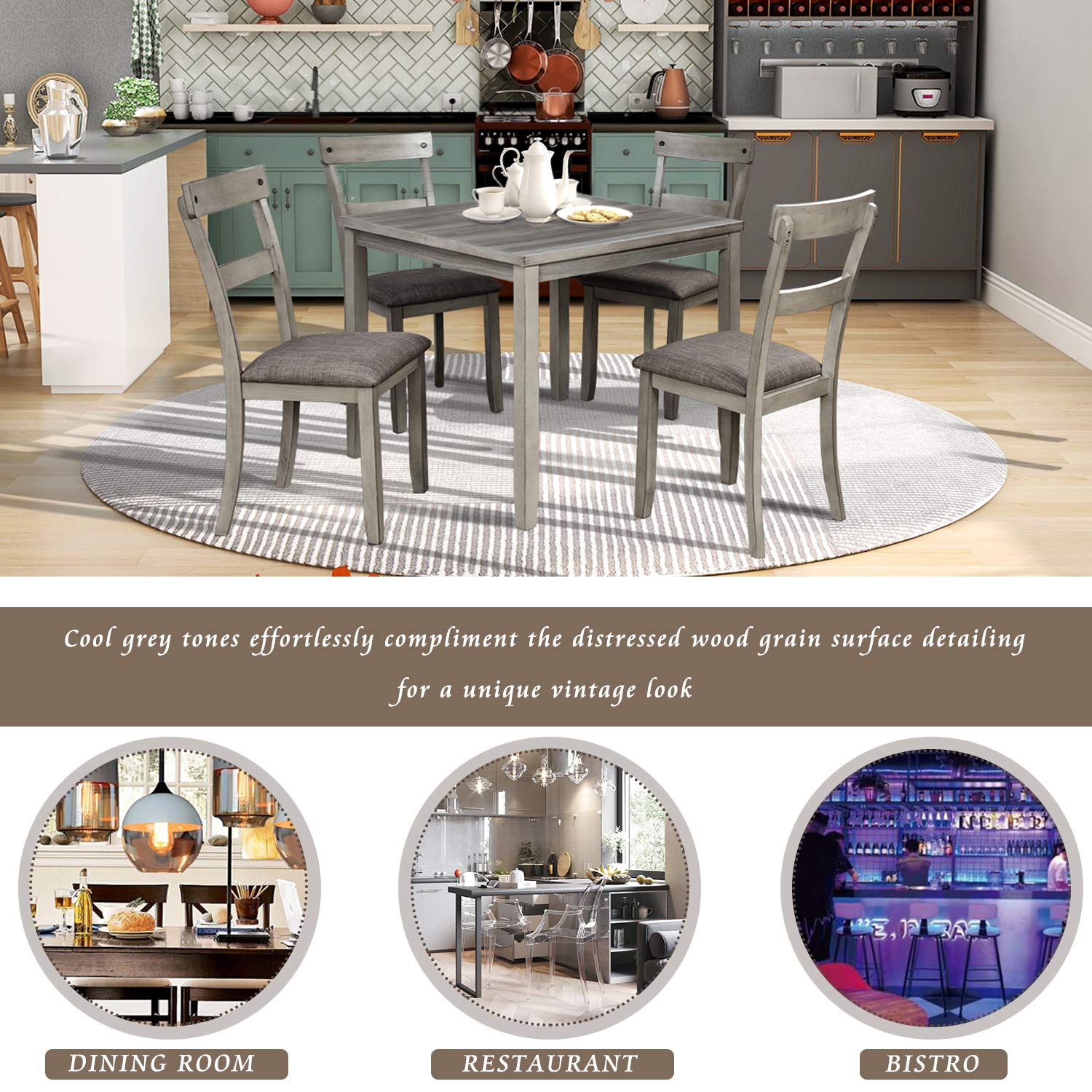 LIADTOP 5 Piece, Industrial Wooden Upholstery, Kitchen 4 Persons, Room Chairs Set (Grey), Round Wood Dining Table, Gray