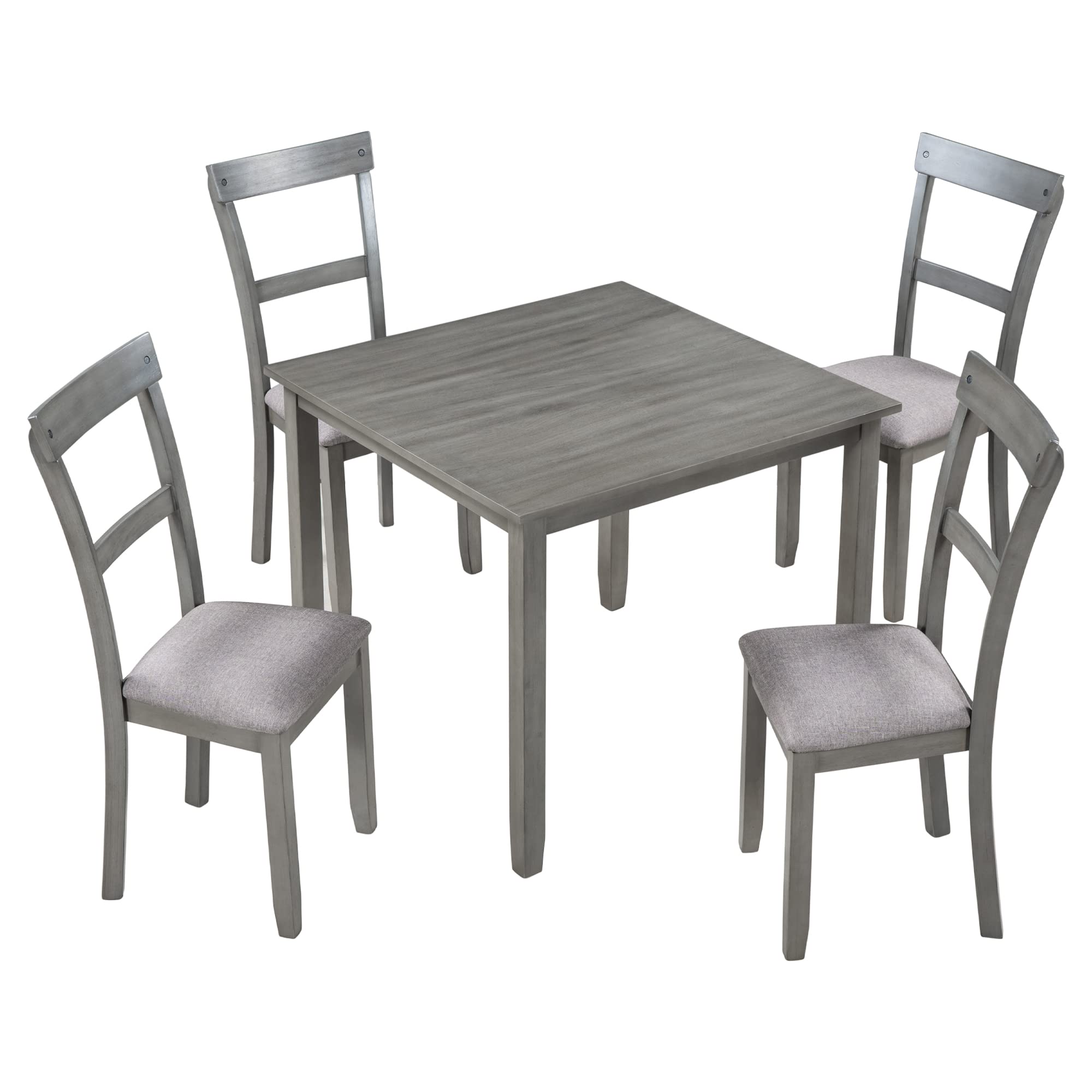 LIADTOP 5 Piece, Industrial Wooden Upholstery, Kitchen 4 Persons, Room Chairs Set (Grey), Round Wood Dining Table, Gray