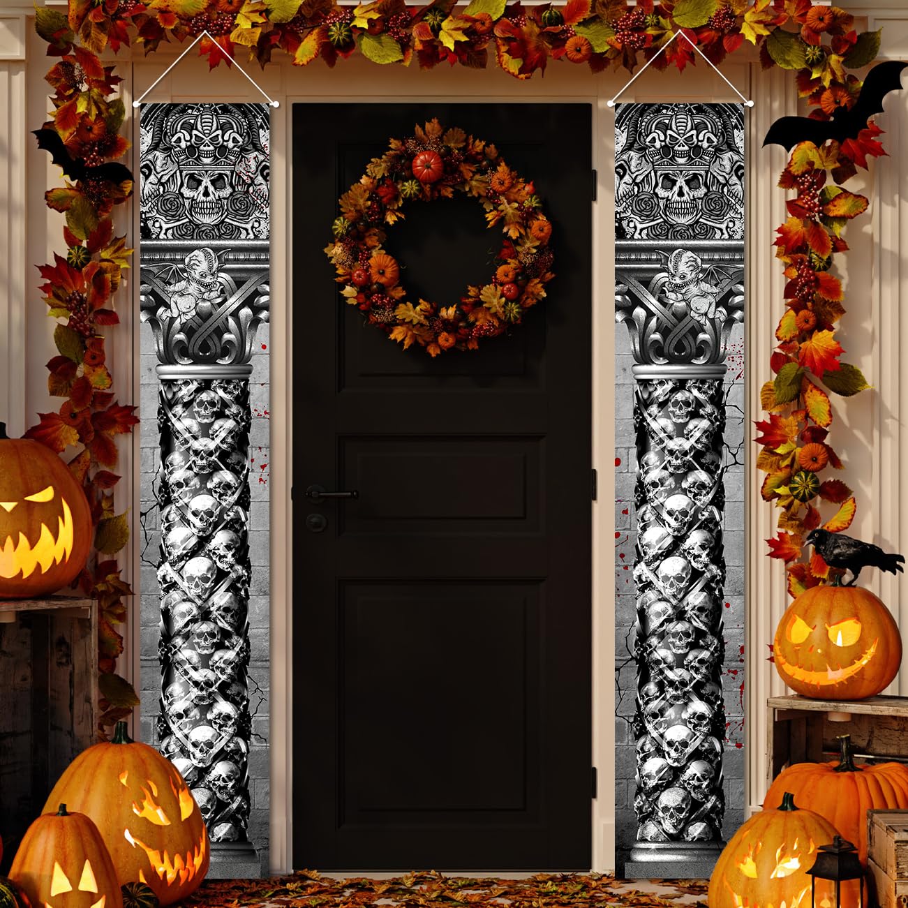 Halloween Gothic Mansion Banners Halloween Skull Hanging Porch Sign with Welcome Foolish Mortals Banner Spooky Halloween Pillar Sign Home Indoor Outdoor Party Supplie