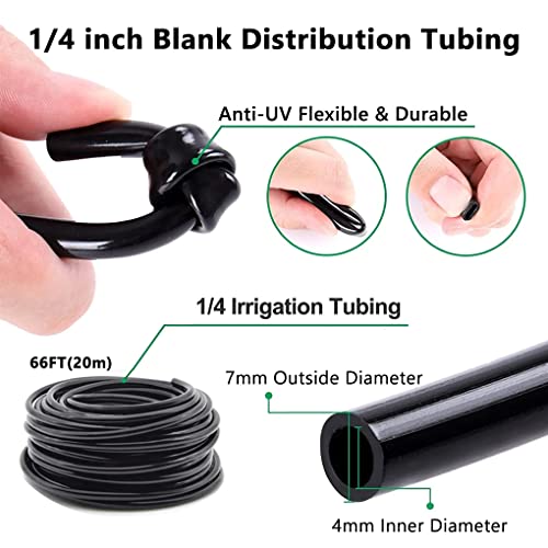 TALEGEN Drip Irrigation System, Drip Irrigation Kit, 66FT 1/4" Blank Distribution Tubing Garden Watering System/Micro DIY Water Saving Automatic Irrigation Set Adjustable Misting Nozzle Emitters for Garden Greenhouse Flower Bed Patio Lawn