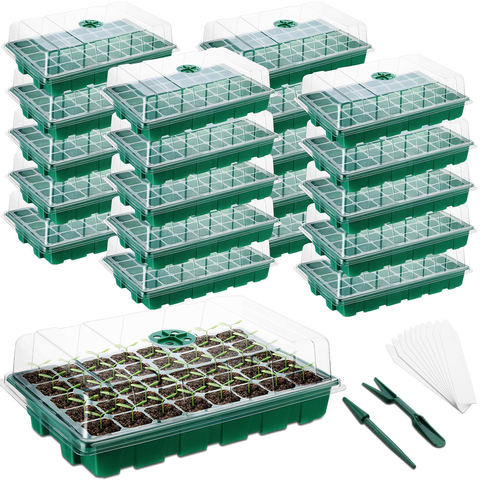 Hoolerry Seed Starter Tray 40 Cells Seed Starter Kit with Humidity Dome and Base Propagation Tray Plant Germination Trays Greenhouse Mini Propagator Station for Seeds Growing (Green,20 Pcs)