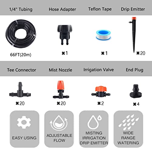 TALEGEN Drip Irrigation System, Drip Irrigation Kit, 66FT 1/4" Blank Distribution Tubing Garden Watering System/Micro DIY Water Saving Automatic Irrigation Set Adjustable Misting Nozzle Emitters for Garden Greenhouse Flower Bed Patio Lawn