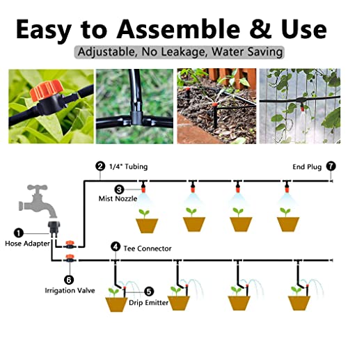 TALEGEN Drip Irrigation System, Drip Irrigation Kit, 66FT 1/4" Blank Distribution Tubing Garden Watering System/Micro DIY Water Saving Automatic Irrigation Set Adjustable Misting Nozzle Emitters for Garden Greenhouse Flower Bed Patio Lawn