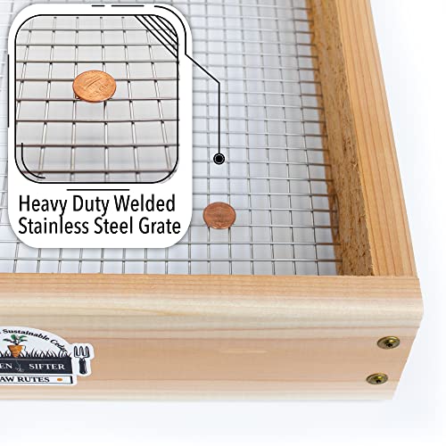 Raw Rutes Cedar Garden Sifter for Compost, Dirt and Potting Soil - Made in The USA - Sustainable Cedar - Heavy Duty Stainless Grate (Hand Held Garden Sifter)