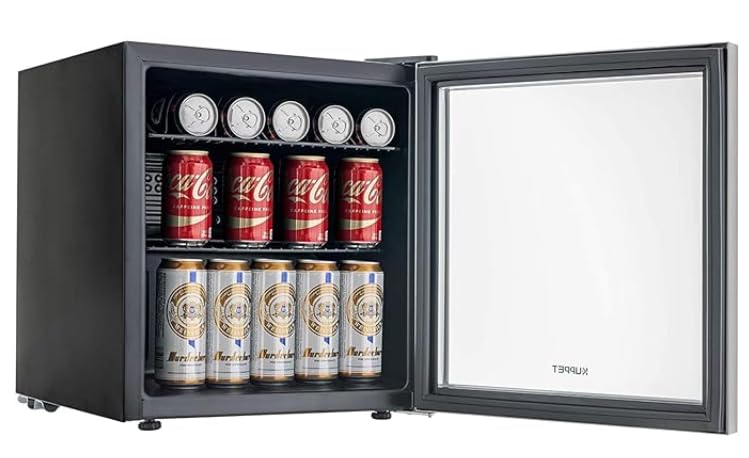 muhub 65 Can Beverage Cooler and Refrigerator, Mini Fridge with Glass Door and Adjustable Removable Shelves,Stainless Steel, for Home, Office or Bar(1.6 Cu.Ft.)