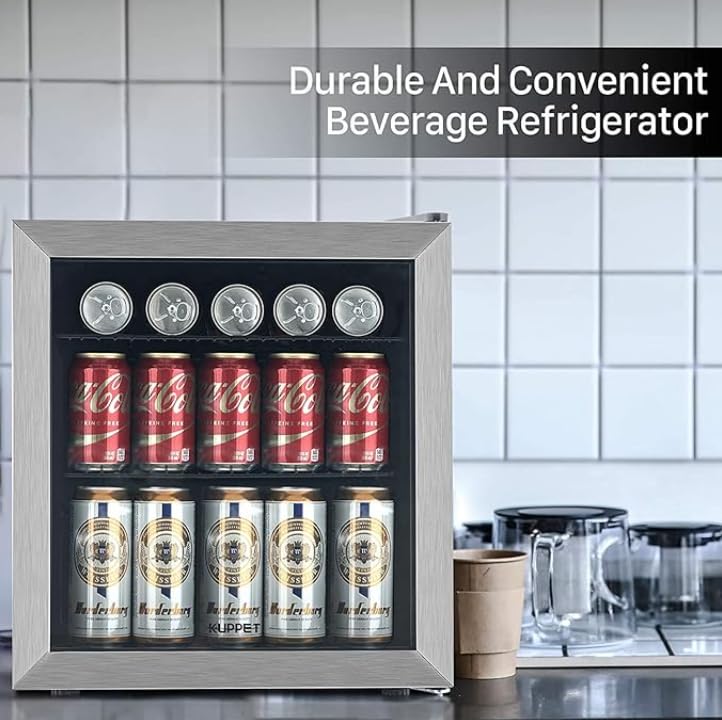 muhub 65 Can Beverage Cooler and Refrigerator, Mini Fridge with Glass Door and Adjustable Removable Shelves,Stainless Steel, for Home, Office or Bar(1.6 Cu.Ft.)