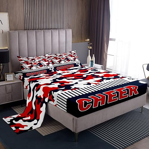Red Camo Geometry Bed Sheet 4 Piece,Gymnastics Dance Sheets Full Size Bed Set,Dreamy Girly Cheerleading Bedding Set with Flat,Fitted Sheet,2 Pillow Cases