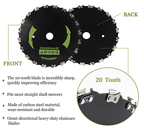 9 × 20T Chainsaw Tooth Brush Blade -2 Pcs Chainsaw Weed Eater Saw Blades with 3 Round Files and 4 Washers for Weed Eater Brush Cutter,Bursh Cutter,String Trimmer,Forester Brush Blade,Weed Wacker