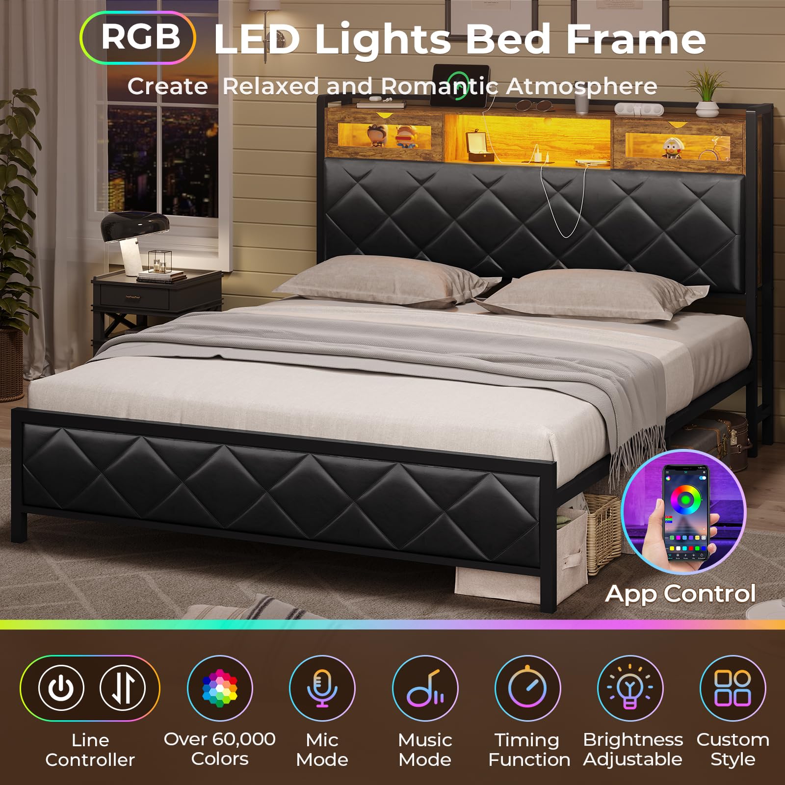 DICTAC Queen LED Bed Frame with Bookcase Storage Headboard, Charging Station,Hidden Storage Space Metal Platform Bed Frame with Storage Shelves & LED Lights,Faux Leather,Heavy Duty Metal Slats,Black