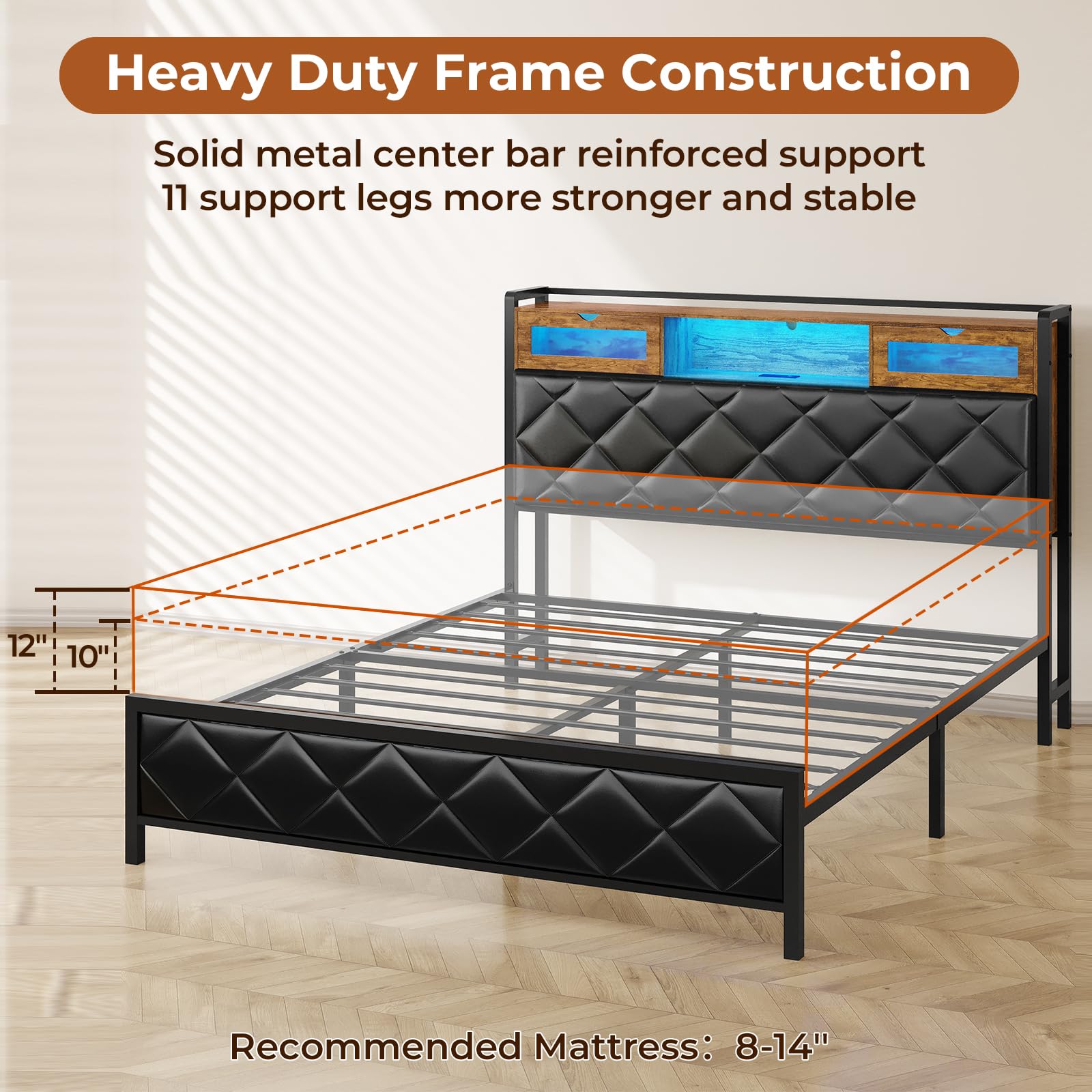 DICTAC Queen LED Bed Frame with Bookcase Storage Headboard, Charging Station,Hidden Storage Space Metal Platform Bed Frame with Storage Shelves & LED Lights,Faux Leather,Heavy Duty Metal Slats,Black