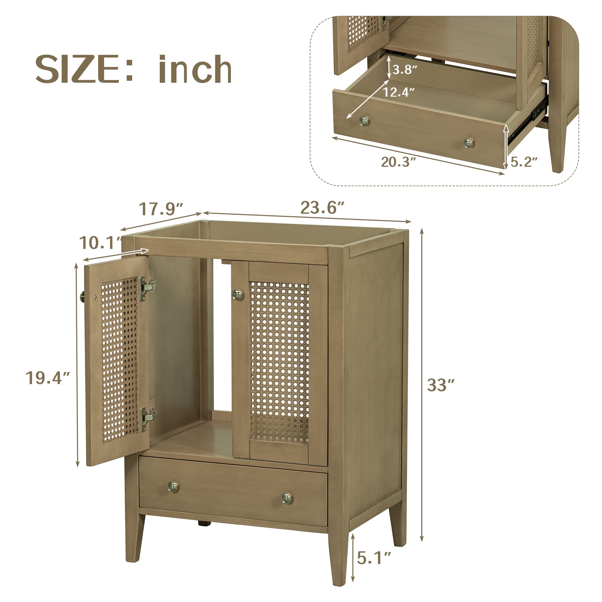 PULLAFUN 24" Bathroom Vanity Without Sink, Base Only, Rattan Cabinet with Doors and Drawer, Solid Frame and MDF Board, Natural