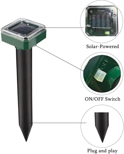 Solar Mole Repellent, Waterproof Ultrasonic Mole Repellent Chipmunk Repellent Outdoor, Gopher Sonic Repellent for Rodent Groundhog Chipmunk Gopher Repeller, Burrowing Gopher Control