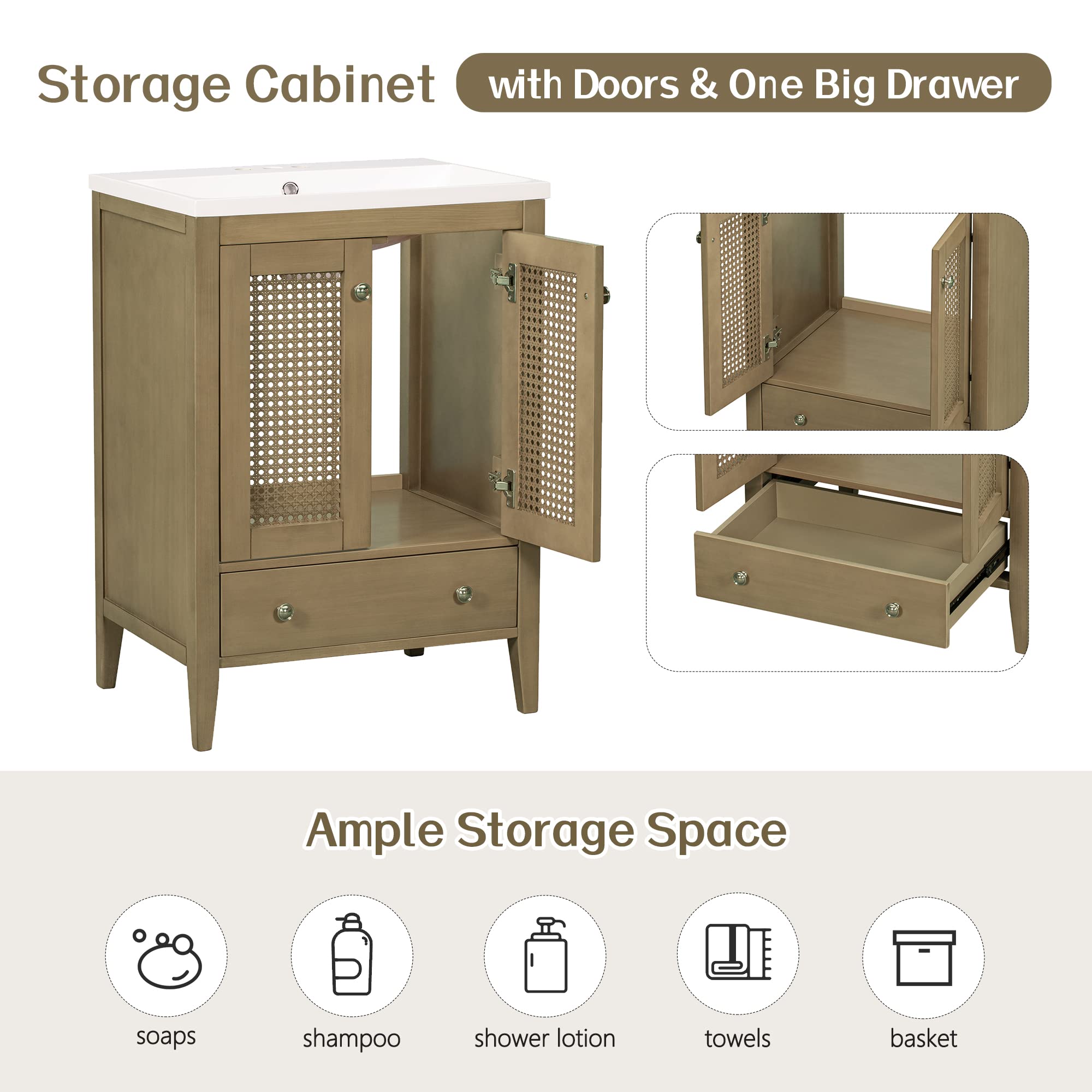 PULLAFUN 24" Bathroom Vanity Without Sink, Base Only, Rattan Cabinet with Doors and Drawer, Solid Frame and MDF Board, Natural