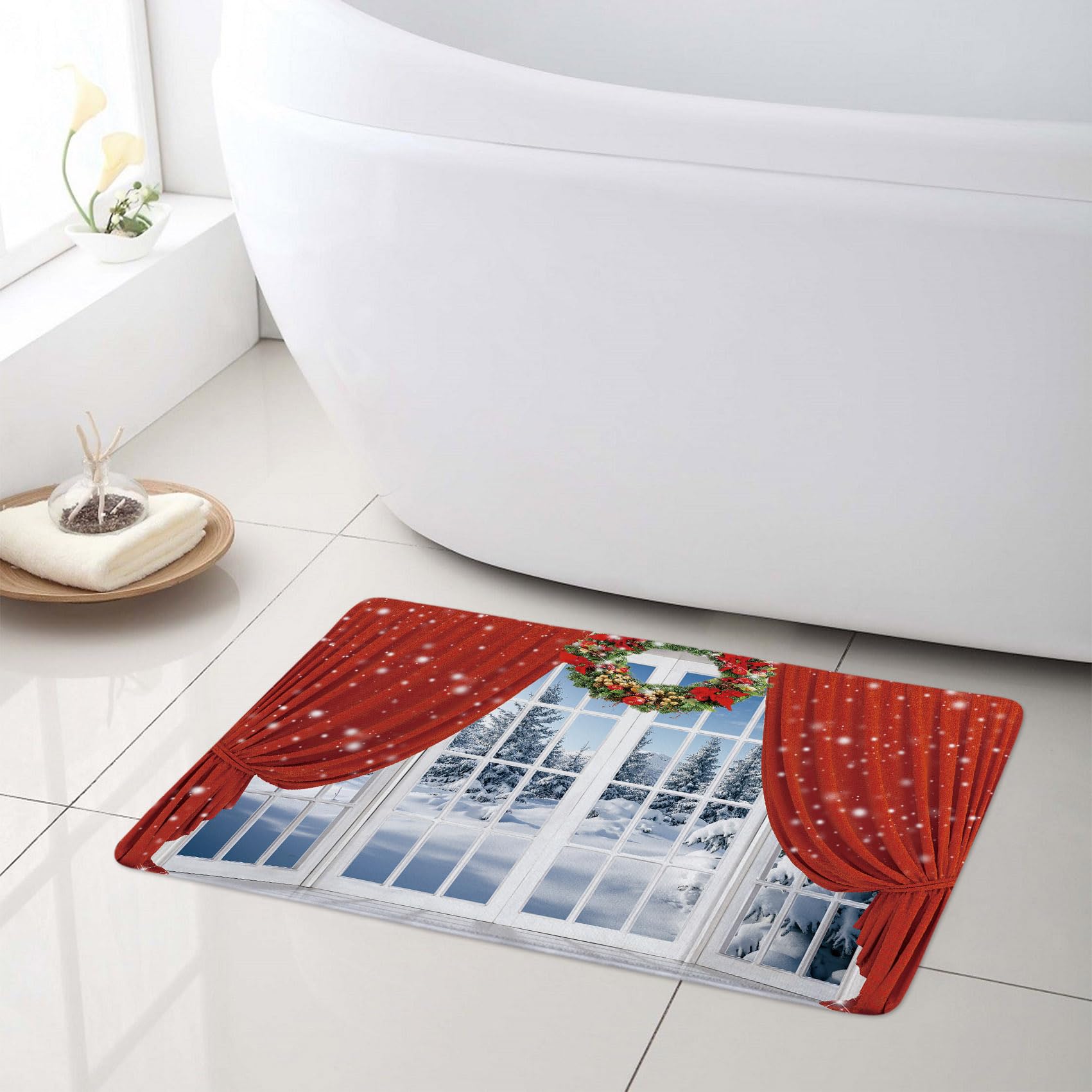 LB Merry Christmas Bath Mat Winter Snow Forest Out of Window Area Rug for Bathroom White Snowflake Red Curtain Doormat Non Slip Memory Foam Super Absorbent Floor Mats,24Wx16H Inch