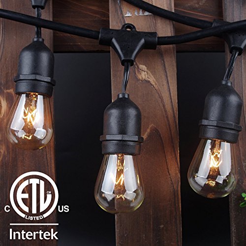 Lemontec Commercial Grade Outdoor String Lights with 15 Hanging Sockets - 48 Ft Black Weatherproof Cord Weatherproof Strand for Patio Garden Porch Backyard Party Deck Yard β S14 Black