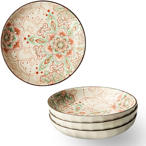 ENESEA Ramen bowl,salad bowl,fruit bowl,ramen bowl,large serving bowls,Salad Bowls Large Serving Ceramic,Pasta Salad Serving Bowl Colorful,Deep Soup Plate Set of 4-Vintage pattern-20x20x4cm