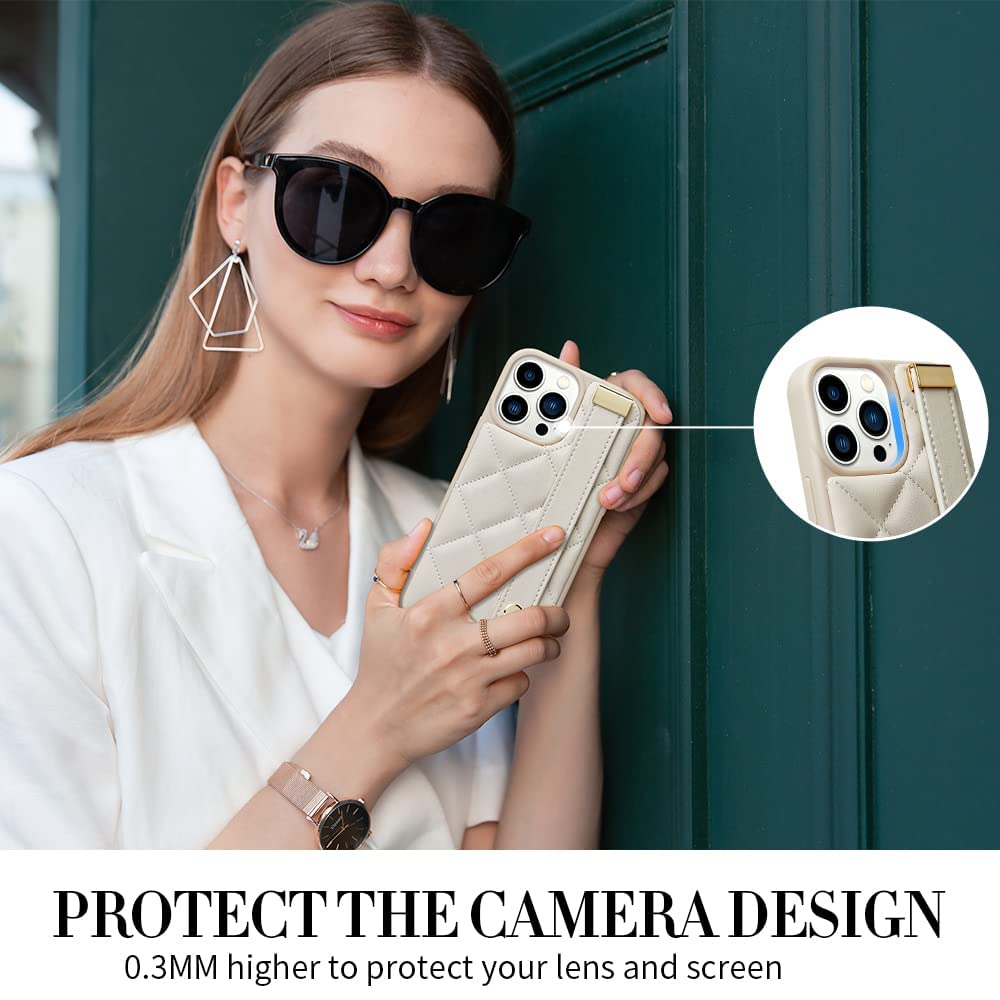 ZVE for iPhone 15 Pro Kickstand Case Quilted Leather Cover, Shockproof Case with Stand for Women Strap Case Compatible with iPhone 15 Pro, 6.1 inch-Beige