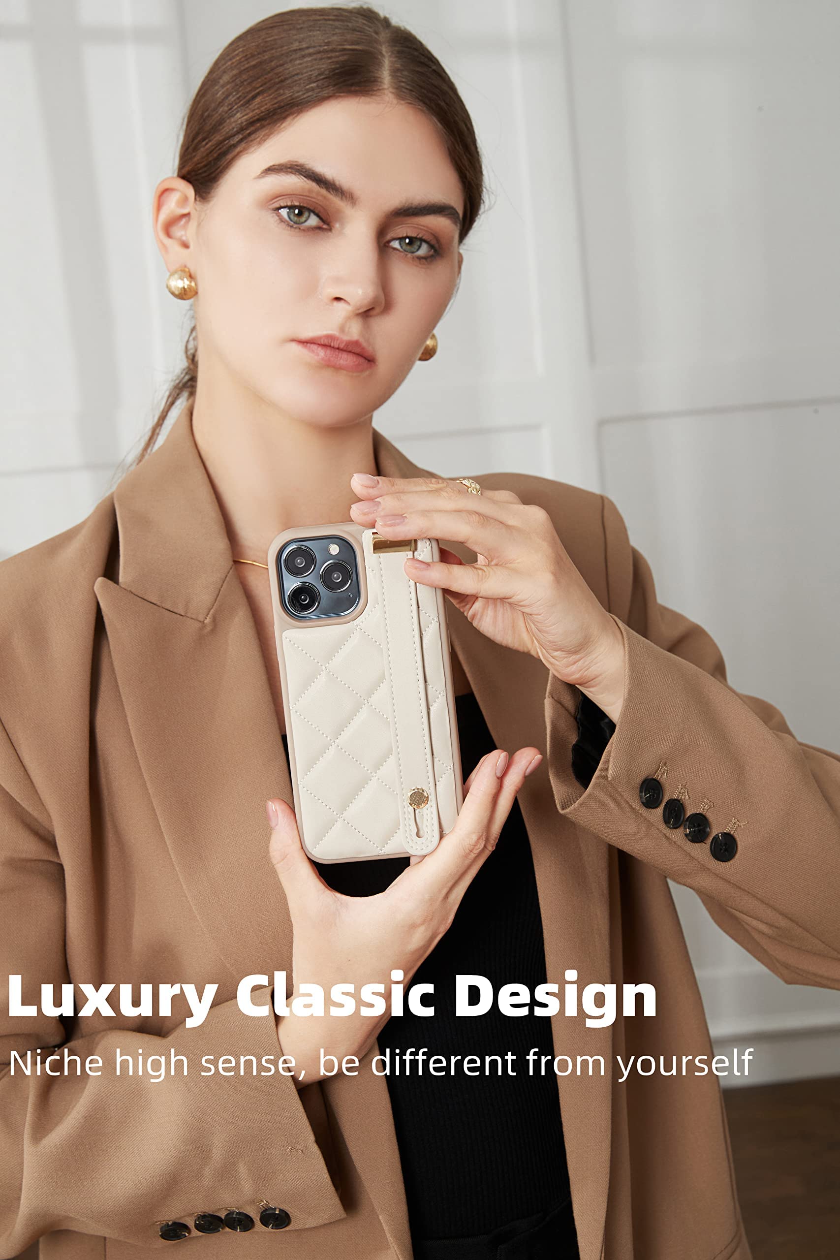ZVE for iPhone 15 Pro Kickstand Case Quilted Leather Cover, Shockproof Case with Stand for Women Strap Case Compatible with iPhone 15 Pro, 6.1 inch-Beige