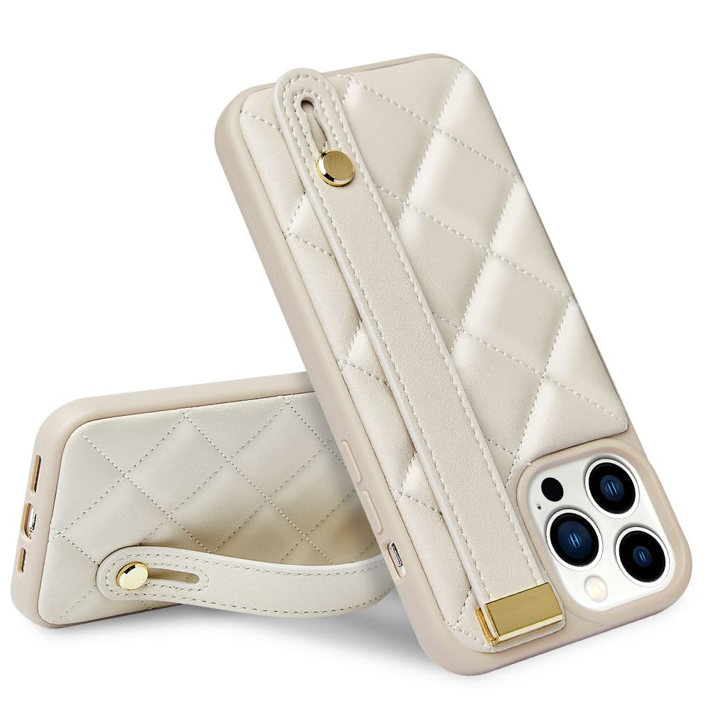 ZVE for iPhone 15 Pro Kickstand Case Quilted Leather Cover, Shockproof Case with Stand for Women Strap Case Compatible with iPhone 15 Pro, 6.1 inch-Beige