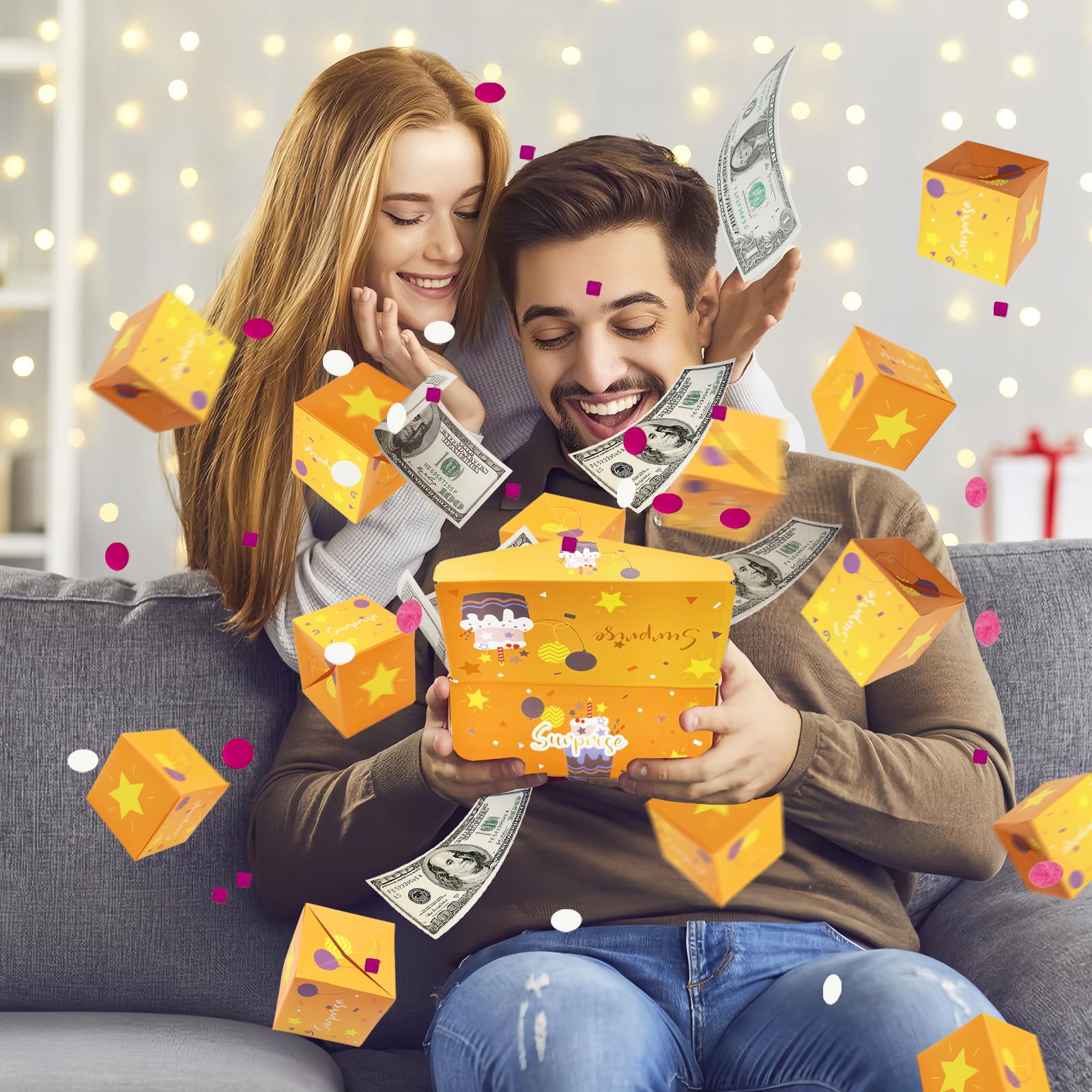 Surprise Gift Box Explosion for Money, Unique Folding Bouncing Red Envelope Gift Box with Confetti, Cash Explosion Luxury Gift Box for Mom Birthday Anniversary Valentine Proposal (15 Bounces) (Yellow)