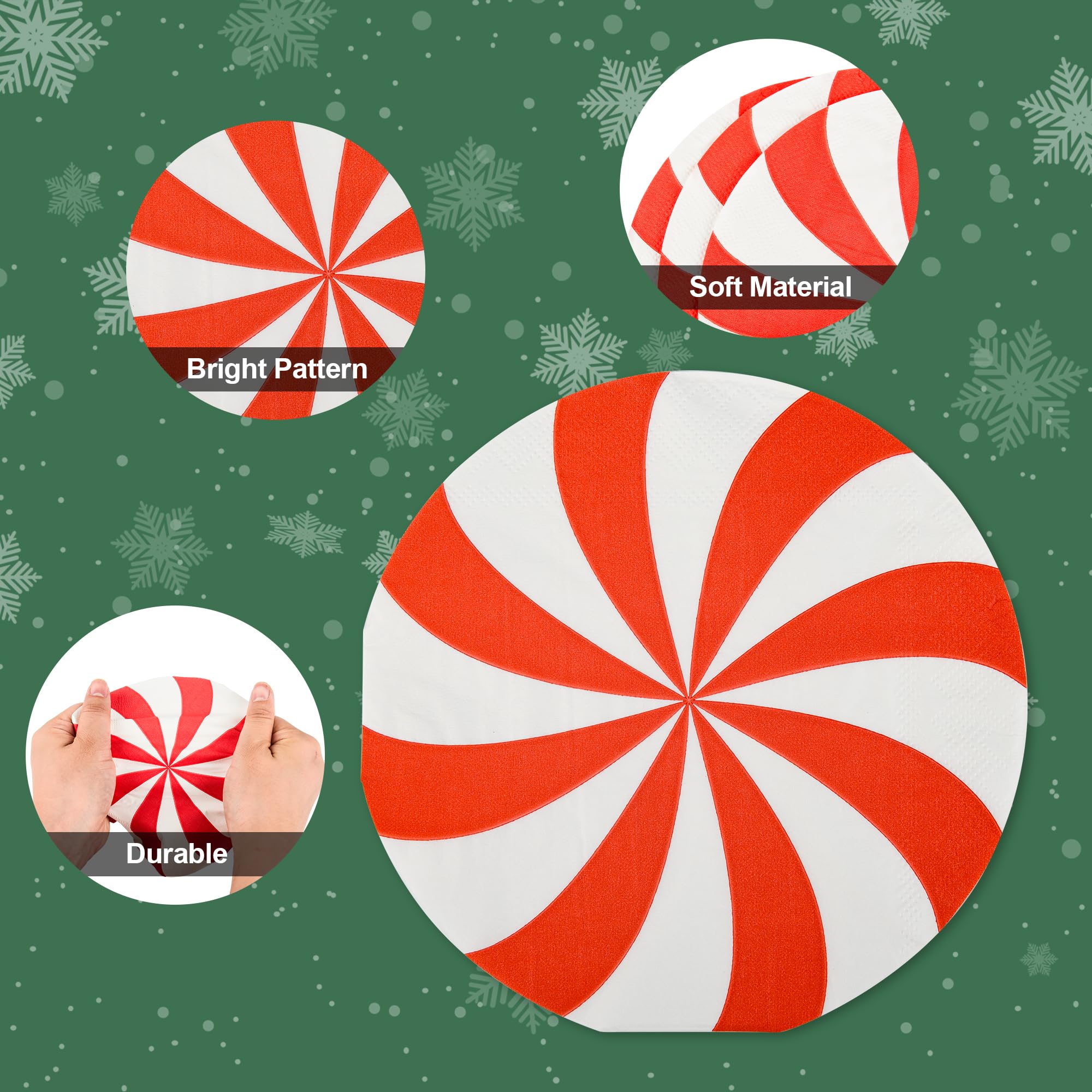 100Pcs Christmas Paper Napkins Peppermint Candy Disposable Napkins Round Lollipop Xmas Candy Party Tableware Decor Red White Cocktail Napkins for Winter Holiday Dinner Party Supplies